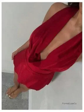 Dresses | Satin Deep V Neck Halter Dress Draped Open Back Party Club ...